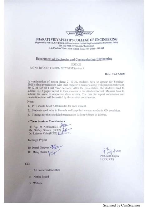 Seminar Final Presentation Notice 2021 Bharati Vidyapeeths College Of Engineering