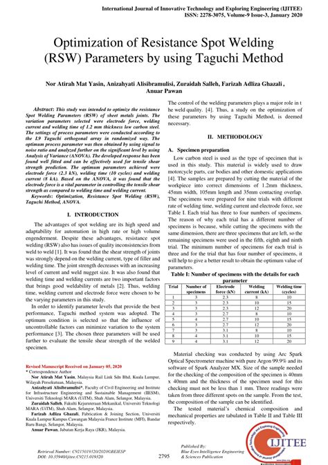 Pdf Optimization Of Resistance Spot Welding Rsw Parameters By Using Taguchi Method