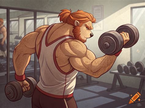 Muscular Anthropomorphic Bear Character Curling Dumbbells In A Gym On