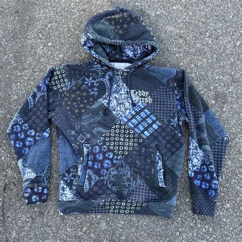Teddy Fresh Patchwork Hoodie Blue Mens Depop