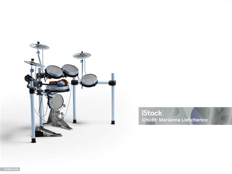 그림자가 있는 흰색 배경에 전기 증폭기가 있는 3d 그림 파란색 드럼 키트 0명에 대한 스톡 사진 및 기타 이미지 0명