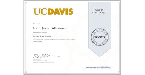 hani alhamech on linkedin completion certificate for sql for data science