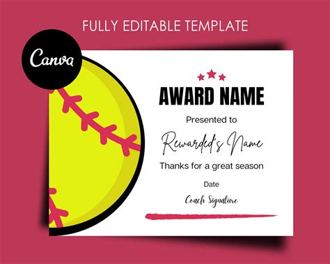 Softball Award Certificate Editable Canva Template Printable Etsy