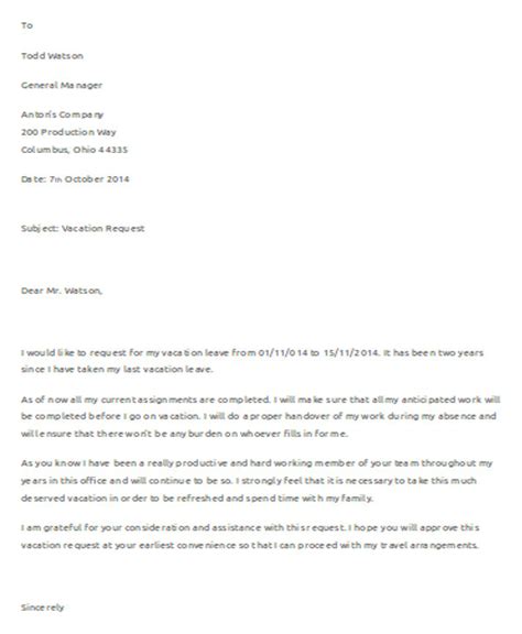 Holiday Request Email Template Vacation Leave Letter Sample Brittney