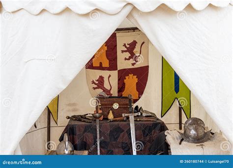Interior Of A 17th Century Spanish Soldier Tent With Weapons And