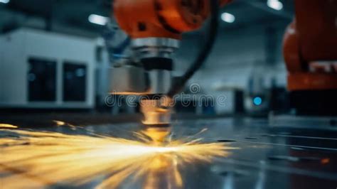 Metal Cutting With Robotic Arm Producing Sparks In Factory Stock