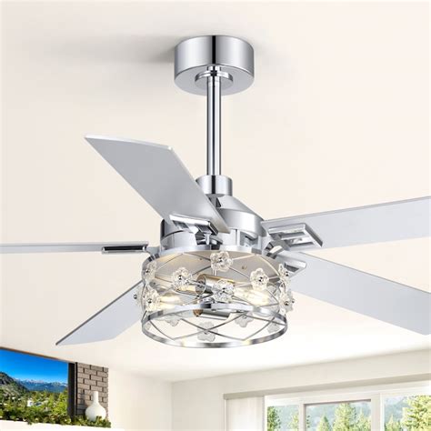 Flashwind 52 In Chrome With Silver Plywood Blades Floral Crystal Caged
