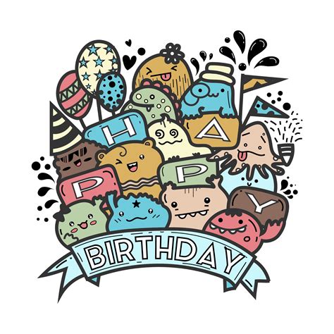 Cute Monster Doodle Vector For Happy Birthday Card 558325 Vector Art