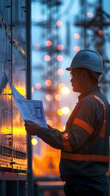 Electricity Engineer Analyzing High Voltage Substation Schematics For
