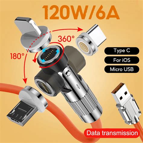 Dây Cáp Sạc Nhanh 120w 6a 540o Type C Micro Usb Dành Cho Ios Android