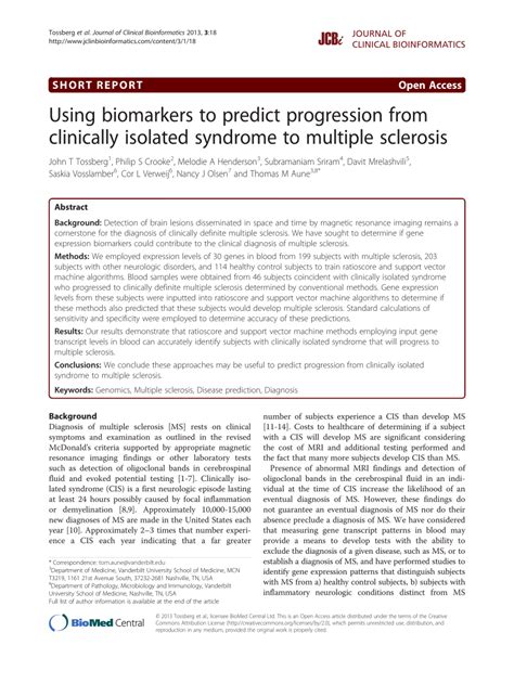 Pdf Using Biomarkers To Predict Progression From Clinically Isolated Syndrome To Multiple