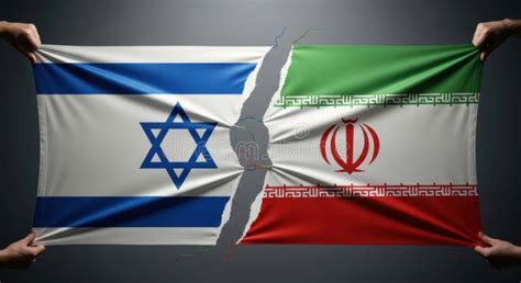 Israeli And Iranian Flags Ripped Apart Showing International Conflict