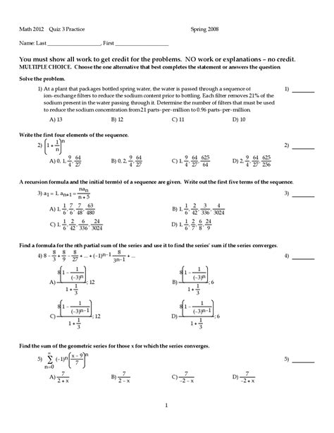 Quiz 3 Practice Mcqs With Answer Key Calculus Ii Math 2012 Docsity