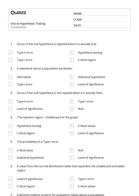 50 Hypothesis Testing Worksheets For 9th Class On Quizizz Free And Printable