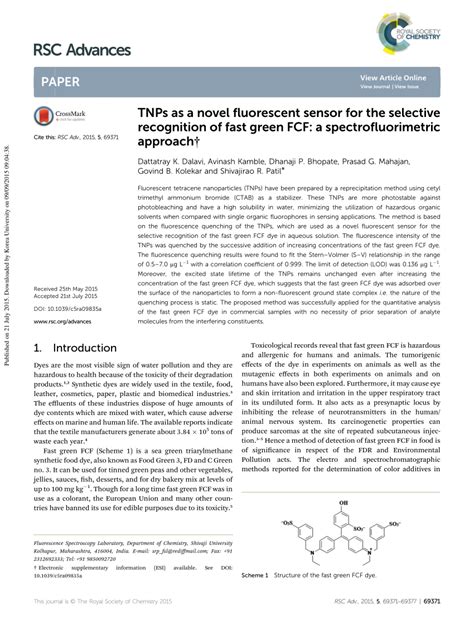 Pdf Tnps As A Novel Fluorescent Sensor For Selective Recognition Of Fast Green Fcf