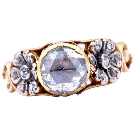 Antique Gold Rose Cut Diamond Ring With Platinum Floral Shoulders