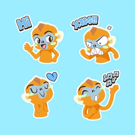 귀여운 황금 원숭이 그리기 귀여운 원숭이 스티커 벡터 세트 프리미엄 벡터