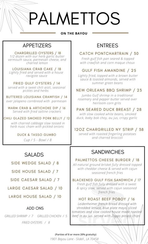 Menu For Palmettos On The Bayou In Slidell La Sirved