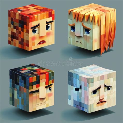 Colorful Cube Characters With Expressive Faces And Distinct Hairstyles In A Creative Artistic