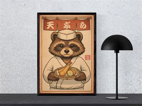 Vintage Japanese Tempura Poster Tanuki Chef Wall Art Retro Washoku