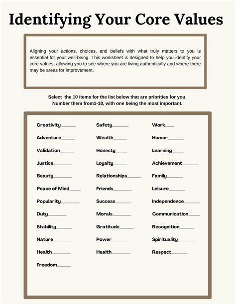 Identifying Your Core Values Worksheet Etsy