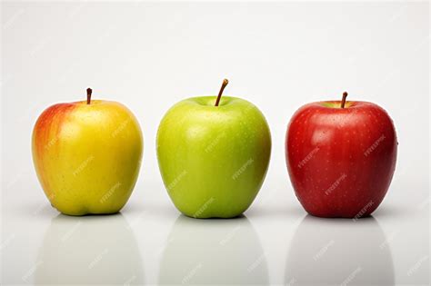 Three Apples Are Standing In A Row On A White Surface Premium Ai