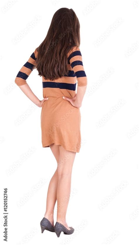 Back View Of Standing Young Beautiful Brunette Woman Girl Watching