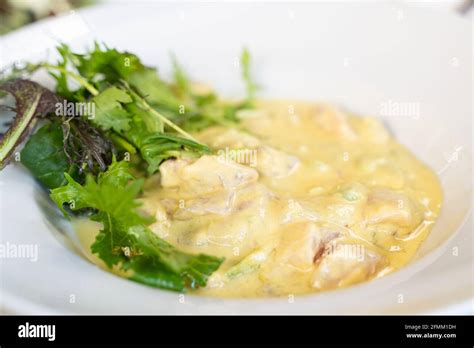 Fresh Ceviche Plate With Milk Sauce And Lettuce On Side Gourmet Sea