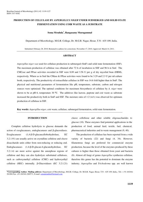 Pdf Production Of Cellulase By Aspergillus Niger Under Submerged And