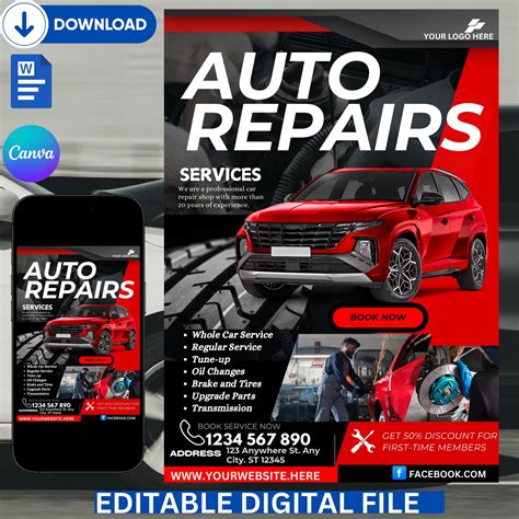 Car Repair Service Flyer Template Auto Shop Social Media Canva Word Etsy