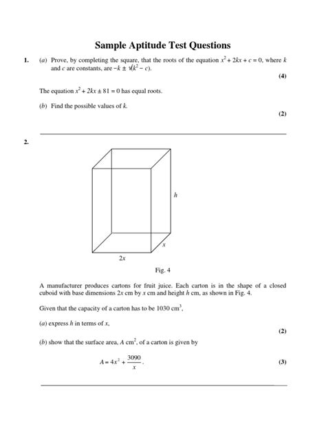 Sample Aptitude Test Questions Line Geometry Equations