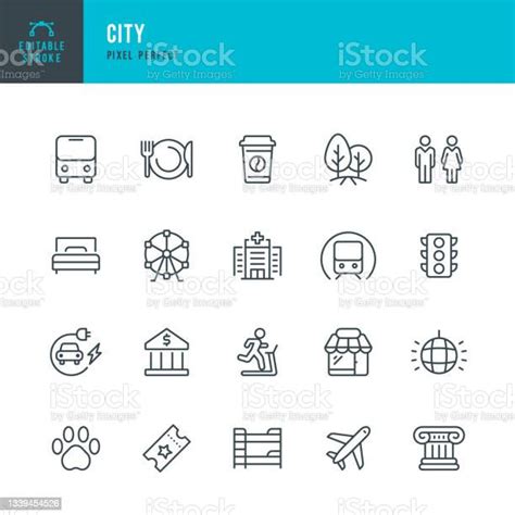 도시 얇은 선 벡터 아이콘 세트 픽셀 완벽 편집 가능한 스트로크 이 세트에는 공공 공원 관광 명소 레스토랑 은행 병원 상점 대중 교통 공항 호텔 호스텔 체육관 전기 자동차