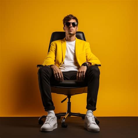 Premium Photo A Cool Young Man Sitting On Chair Isolated On Yellow