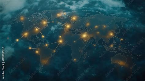 World Map Showing Cryptocurrency Nodes Connecting Countries With Neon