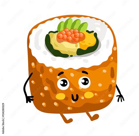 Cute Sushi Roll Cartoon Character Isolated On White Background Vector