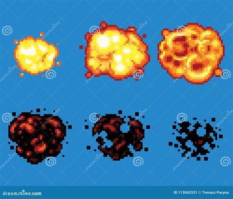 Pixel Art Video Game Explosion Animation Vector Frames Stock Vector
