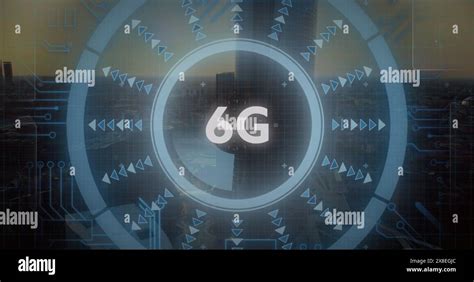 Image Of 6g Text With Arrows In Loading Circles Over Aerial View Of Modern City Against Sky