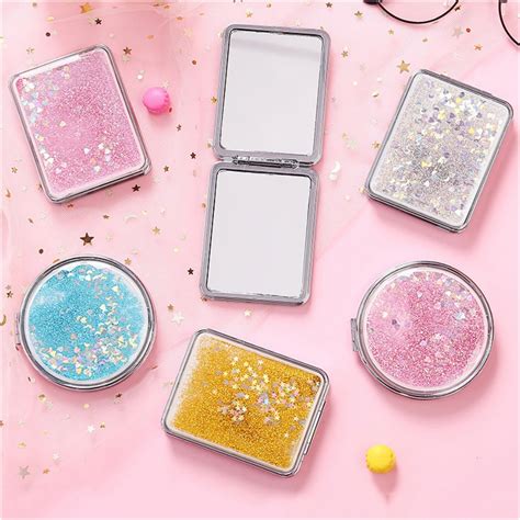 Mini Folding Pocket Mirror Double Sided Quicksand Floating Glitter Compact Pocket Mirror For