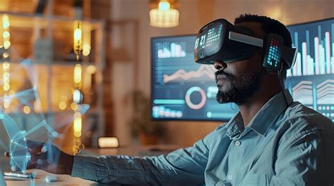 Man Wearing Virtual Reality Headset For Visualizing Business Data Charts In Comfortable Home