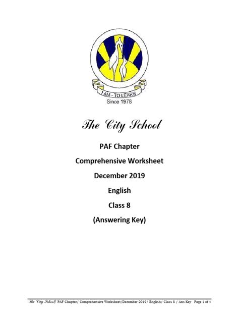 English Comprehensive Worksheet Class 8 2019 Ans Key Pdf