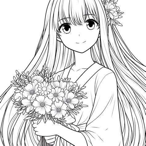 Long Hair Anime Girl And Flowers Coloring Page Download Print Or