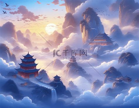 山水风景云雾金色欢乐插画图片 千库网