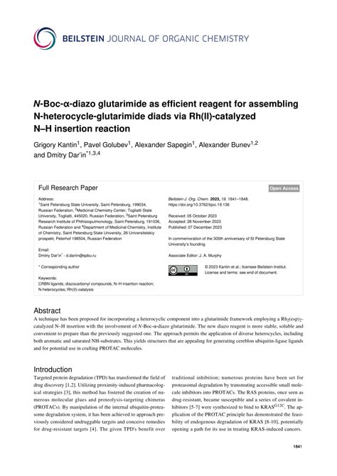 Pdf N Boc α Diazo Glutarimide As Efficient Reagent For Assembling N Heterocycle Glutarimide