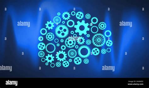 image of human brain with cogs over blue light trails on black