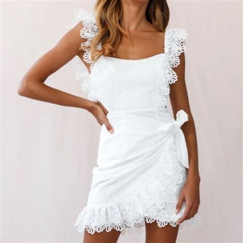 Selfie Leslie Dresses Selfie Leslie Sonnet Lace Trim Wrap Front Dress White Poshmark