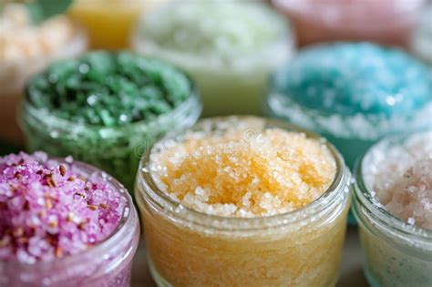 Colorful Jars Filled With Various Types Of Fragrant Bath Salts