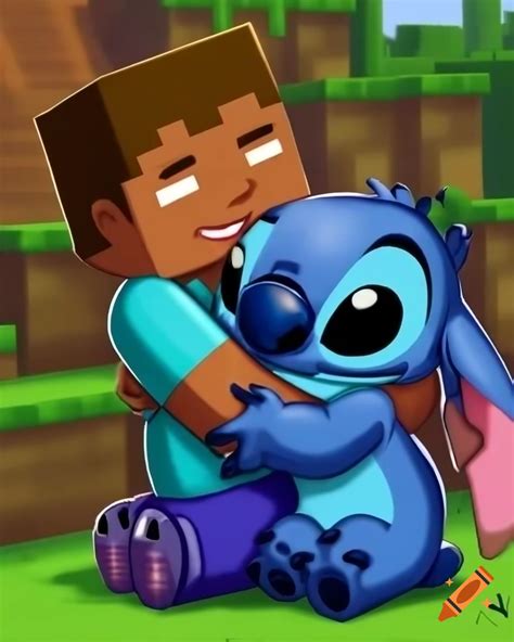 Minecraft Characters Steve And Alex With Stitch In A Friendly Scene On