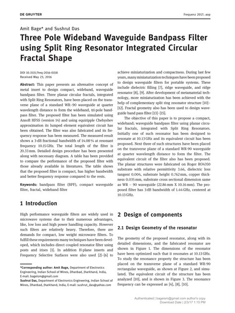 Pdf Three Pole Wideband Waveguide Bandpass Filter Using Split Ring