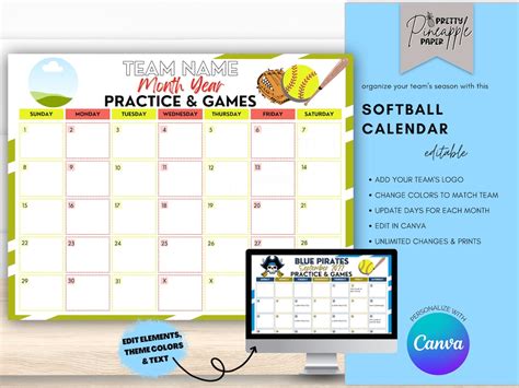 Editable Softball Calendar Template Instant Download Practice And