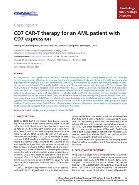 Pdf Cd7 Car T Therapy For An Aml Patient With Cd7 Expression